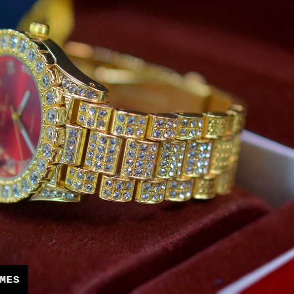 Accessories | Full Iced Out Red Face Dial Mens Luxury Watch | Poshmark